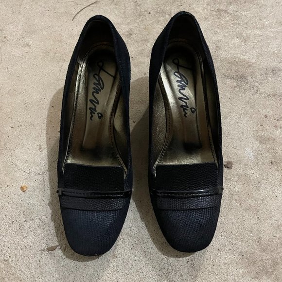 Lanvin | Shoes | Lanvin Embossed Black Leather Block Medium Heel Pumps ...
